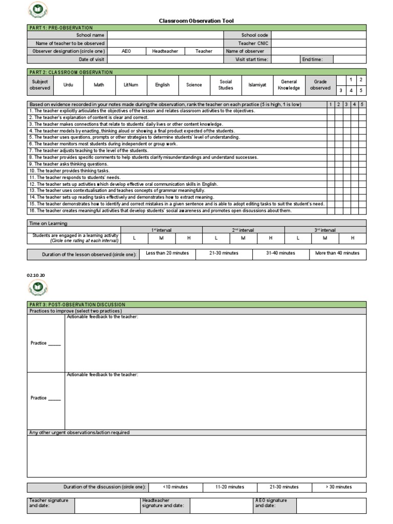 Classroom Observation Tool 2023 | PDF | Teachers | Learning