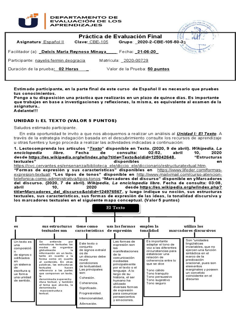 Evaluación Final Español II: Análisis Textual | PDF | Internet