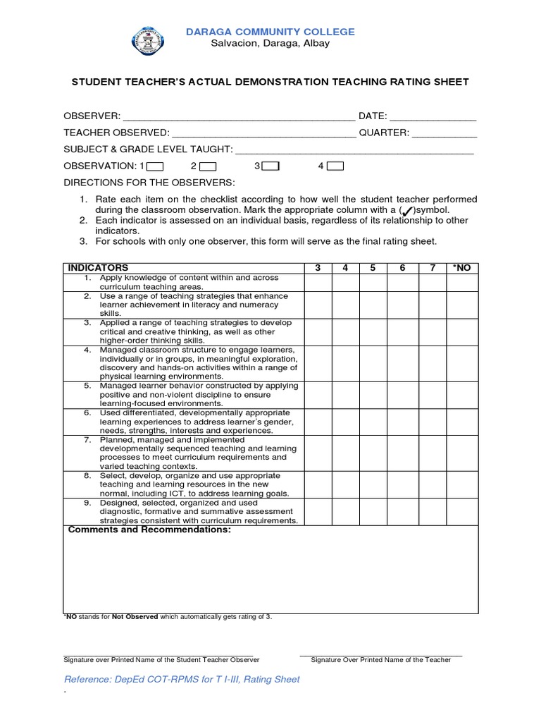 Student Teacher Demo Rating Sheet | PDF | Learning | Teachers