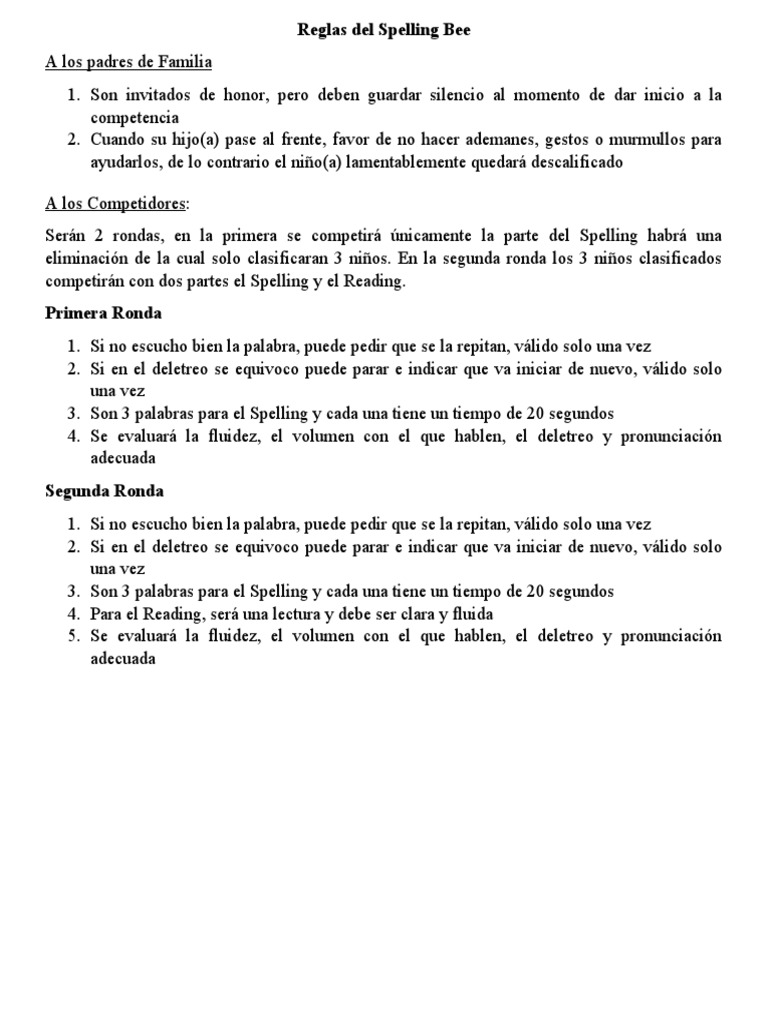Reglas del Concurso Spelling Bee | PDF | Artes del Lenguaje y Comunicación