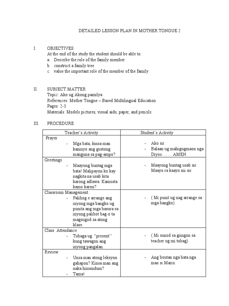 DETAILED LESSON PLAN IN MOTHER TONGUE 2 Hugpulong | PDF