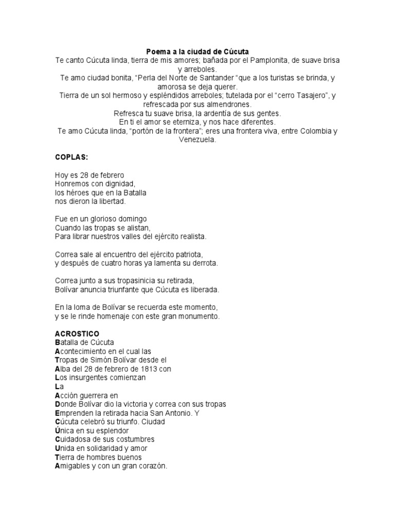 Poema, Coplas y Acrostico A La Ciudad de Cúcuta | PDF