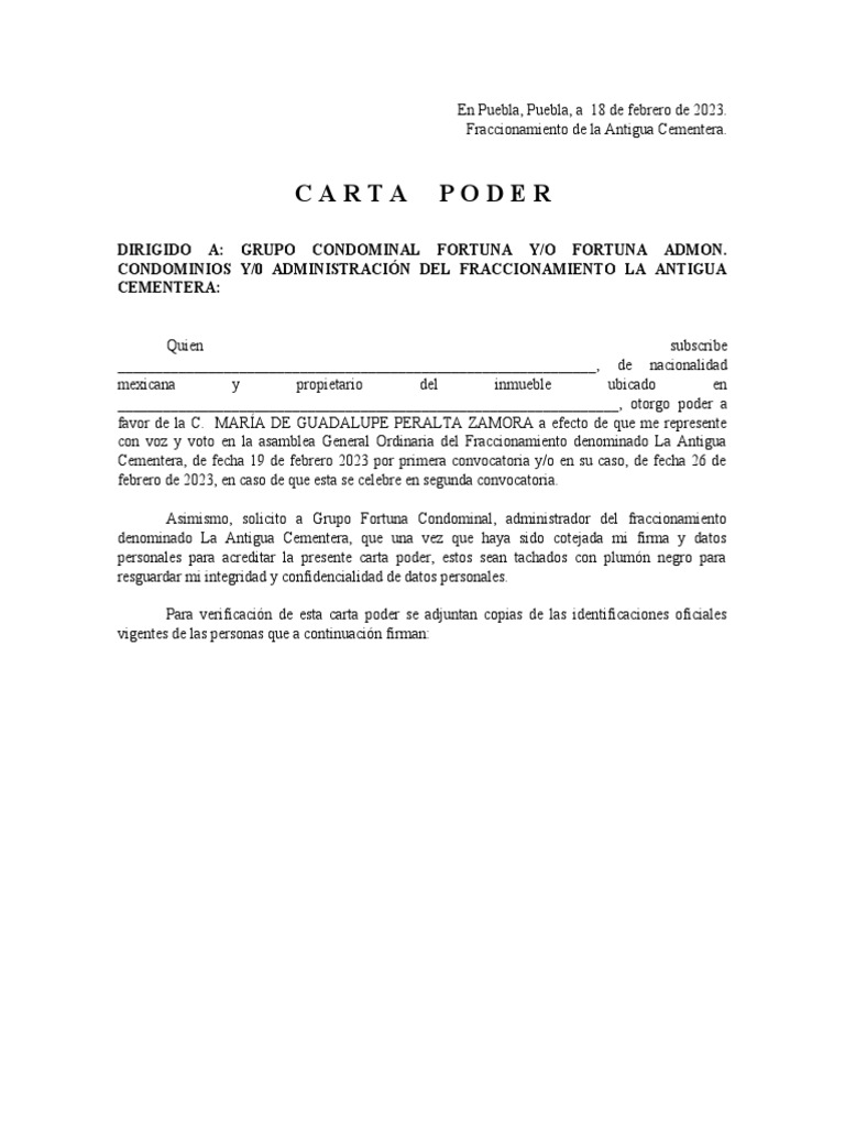Carta Poder Asamblea Ordinaria | PDF Carta Poder Asamblea Ordinaria | PDF