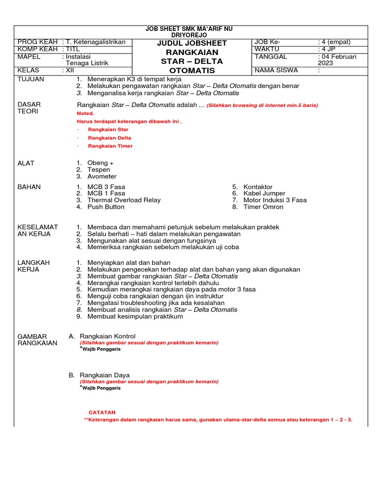 JOBSHEET STAR DELTA OTOMATIS - SMK Maarif NU Dry | PDF