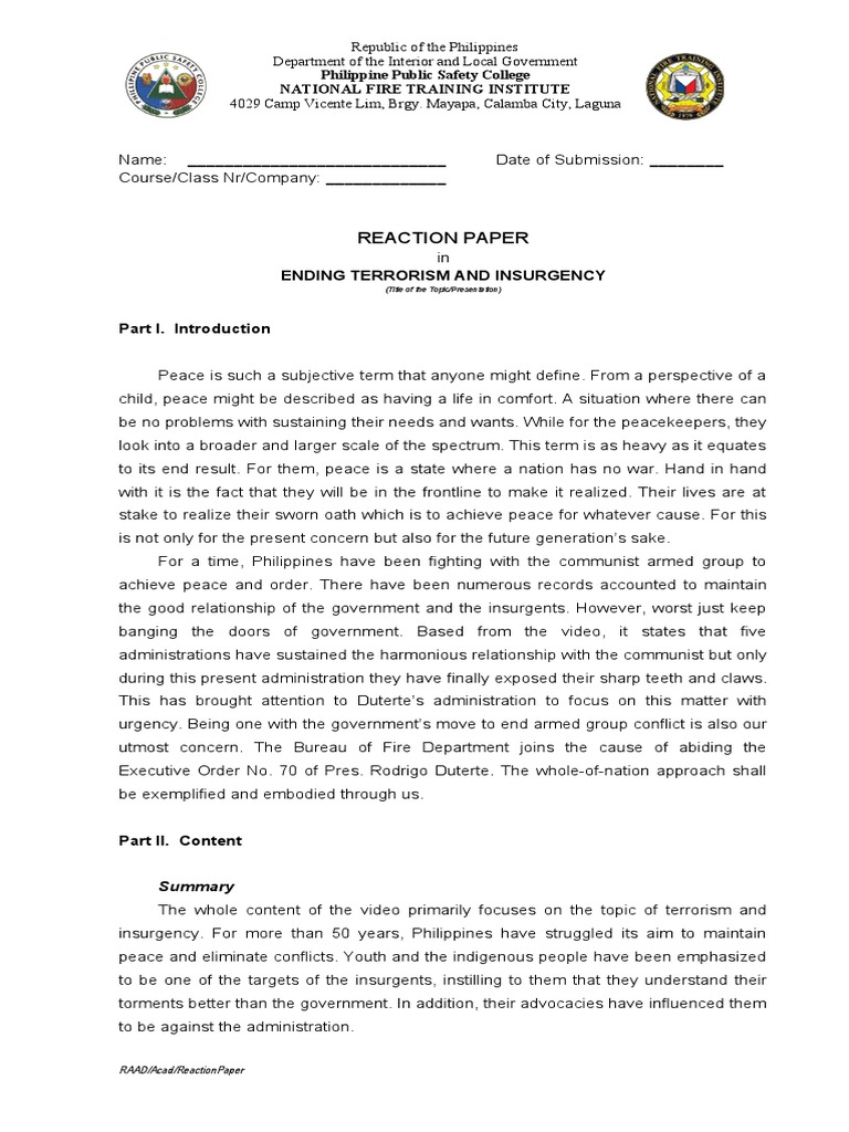 Reaction Paper Format DILG ELCAC | PDF | Peace | Rodrigo Duterte