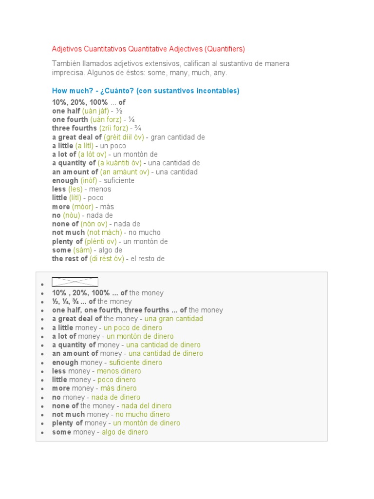 Adjetivos Cuantitativos Quantitative Adjectives | PDF | Unidades ...