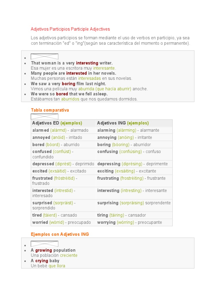 Formación y ejemplos de adjetivos participios en inglés | PDF