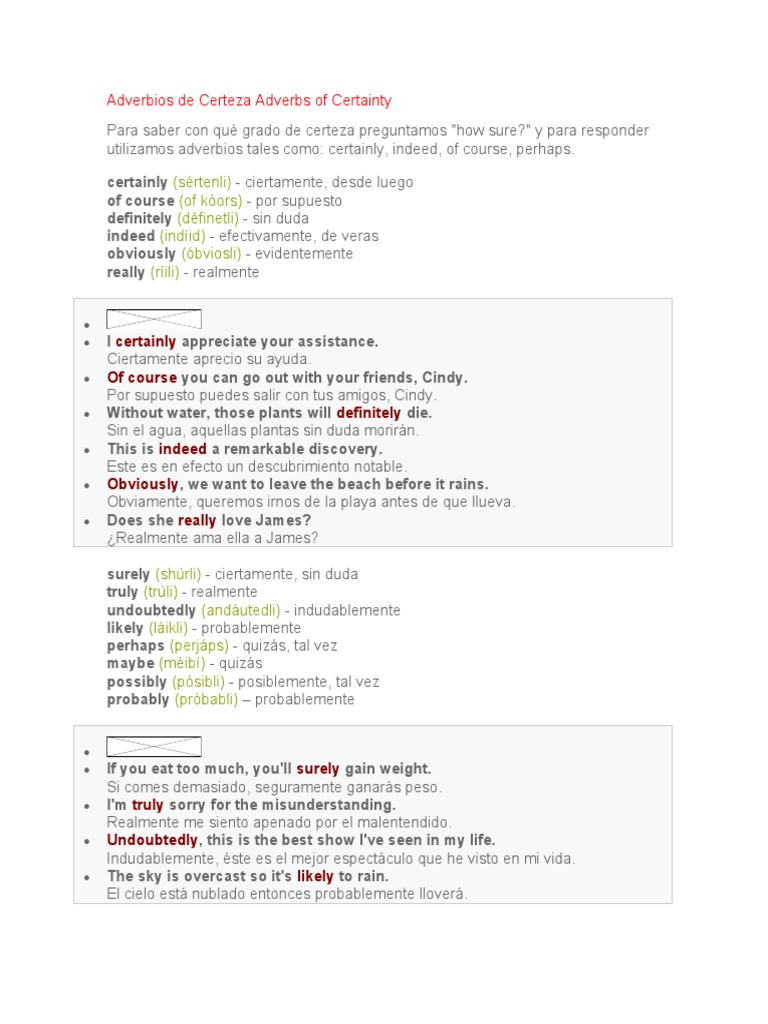 Adverbios de Certeza Adverbs of Certainty | PDF