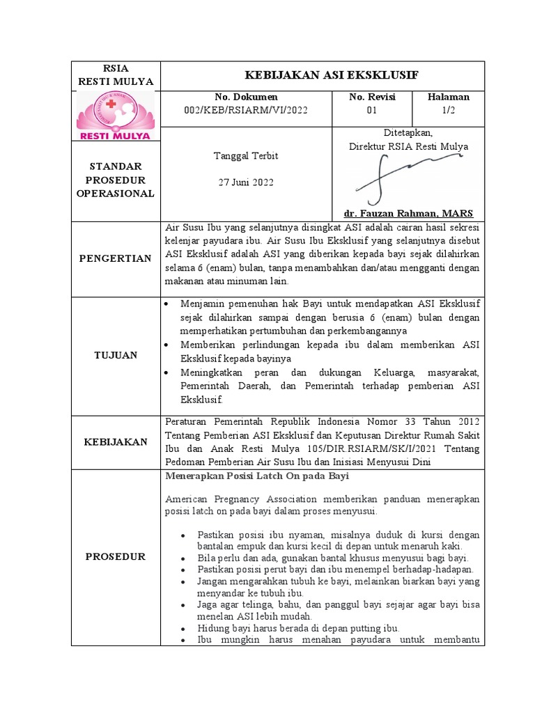 Kebijakan ASI Eksklusif RSIA Resti Mulya | PDF | Kesehatan Holistik ...