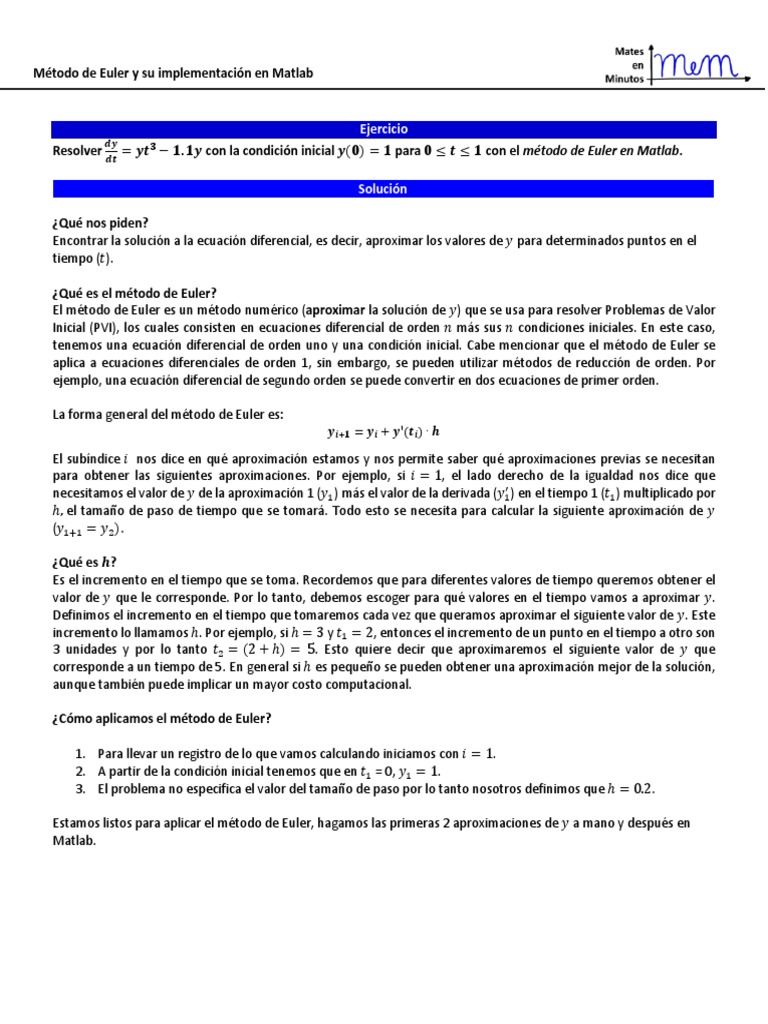 Método de Euler y Su Implementación en Matlab: Ejercicio | PDF ...