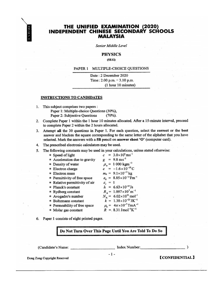 2020 UEC Physics Paper 1 Answer | PDF