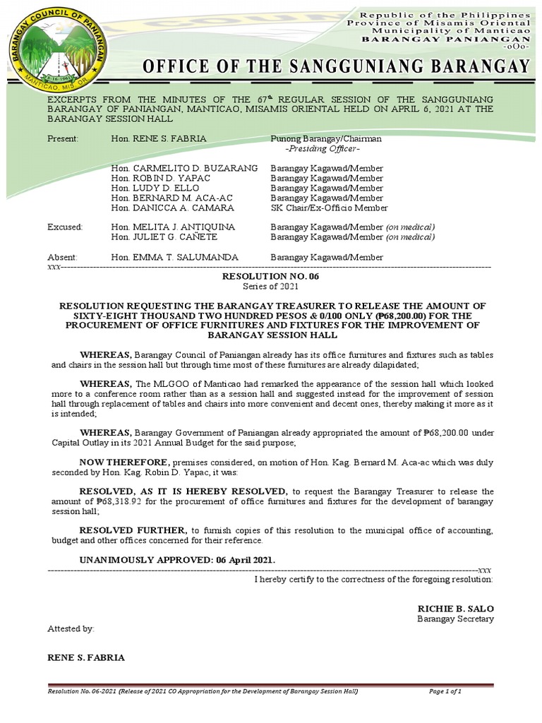 Resolution No. 06-2021 (Release of 68K CO) | PDF