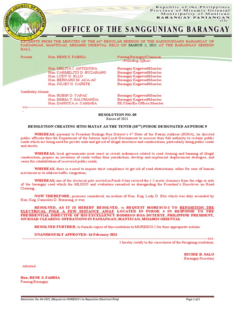 Resolution No. 05-2021 (Creation of Purok 9) | PDF | Public Law | Government