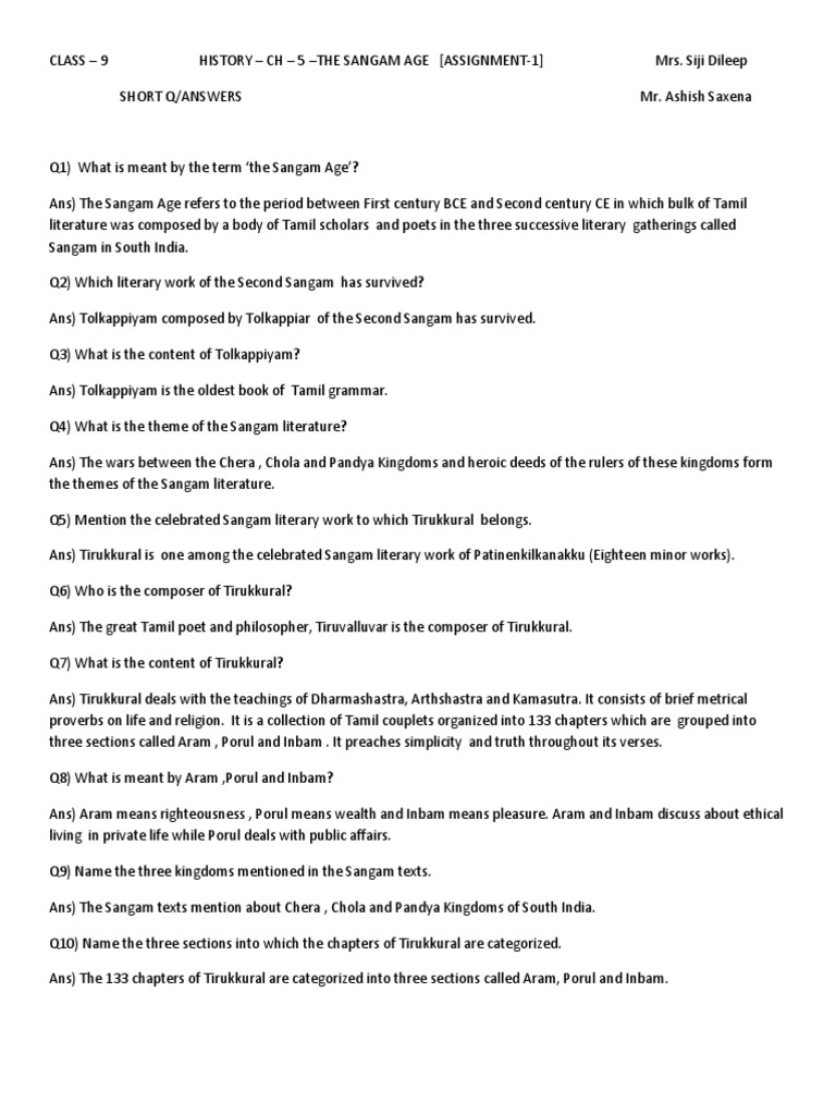 CLASS - 9 HISTORY The Sangam Age-Assignment-1 | PDF