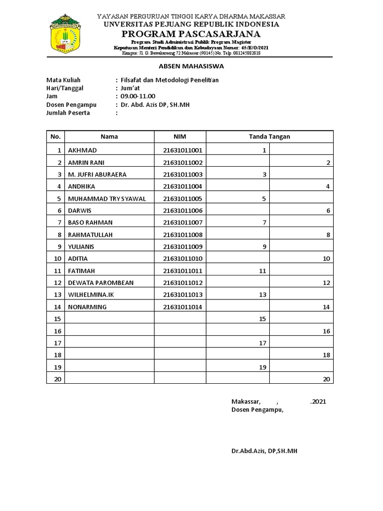 Absen Mahasiswa Pascasarjana Makassar | PDF