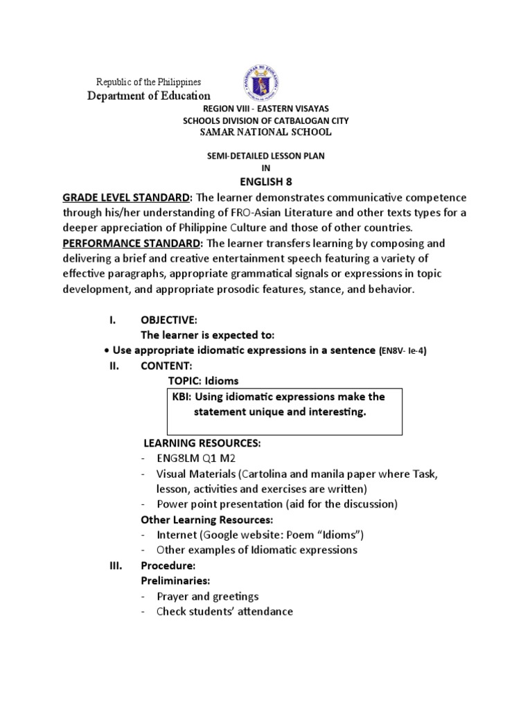 Lesson Plan in English Q1 MELC Based | PDF | Idiom | Learning