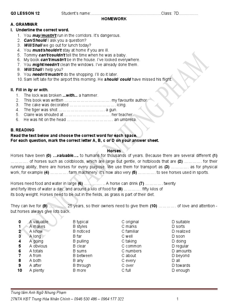 Q3 Lesson 12 Grammar and Reading Homework | PDF | Horses