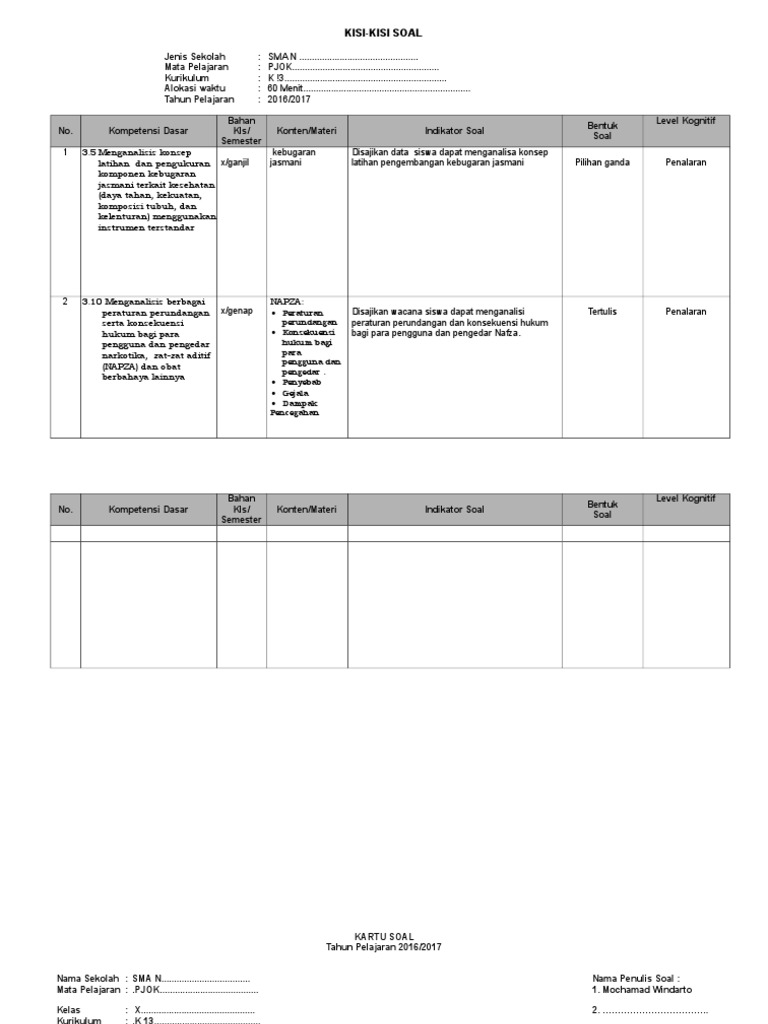 Kisi Kisi Dan Kartu Soal Hots Pjok | PDF