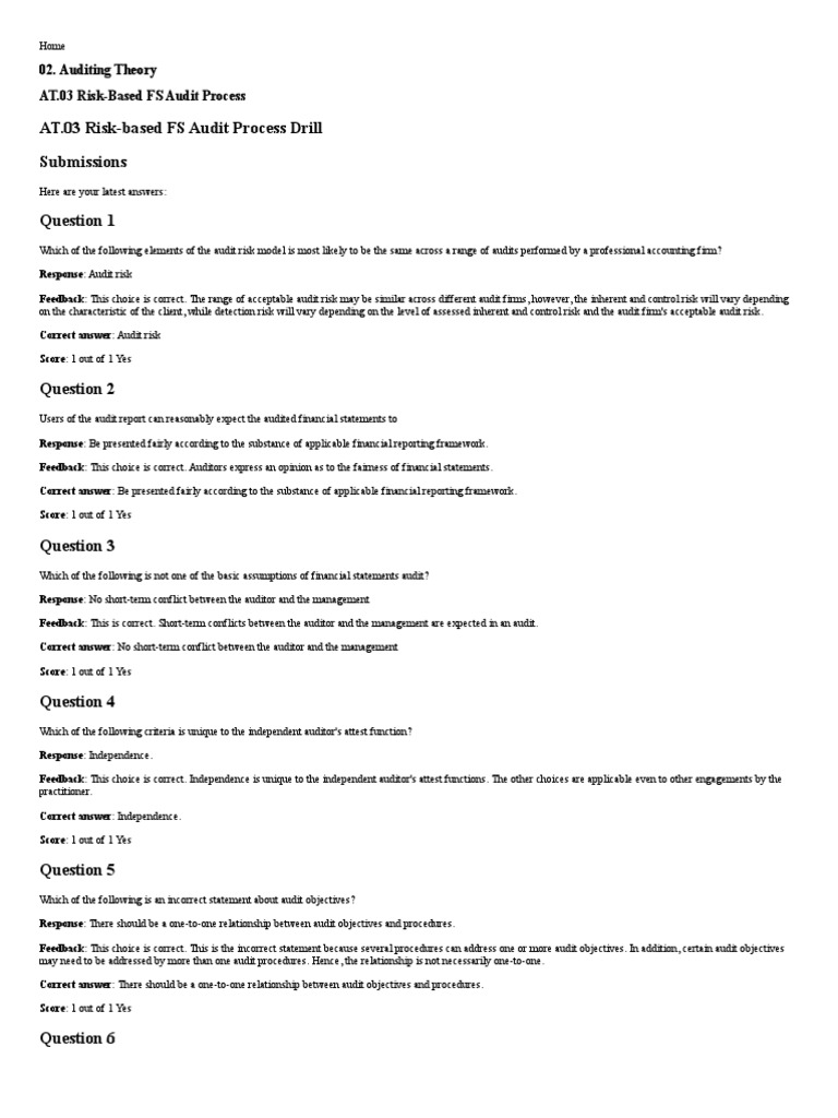 Submissions 02. Auditing Theory AT.03 Risk Based FS Audit Process Drill | PDF | Financial Audit ...