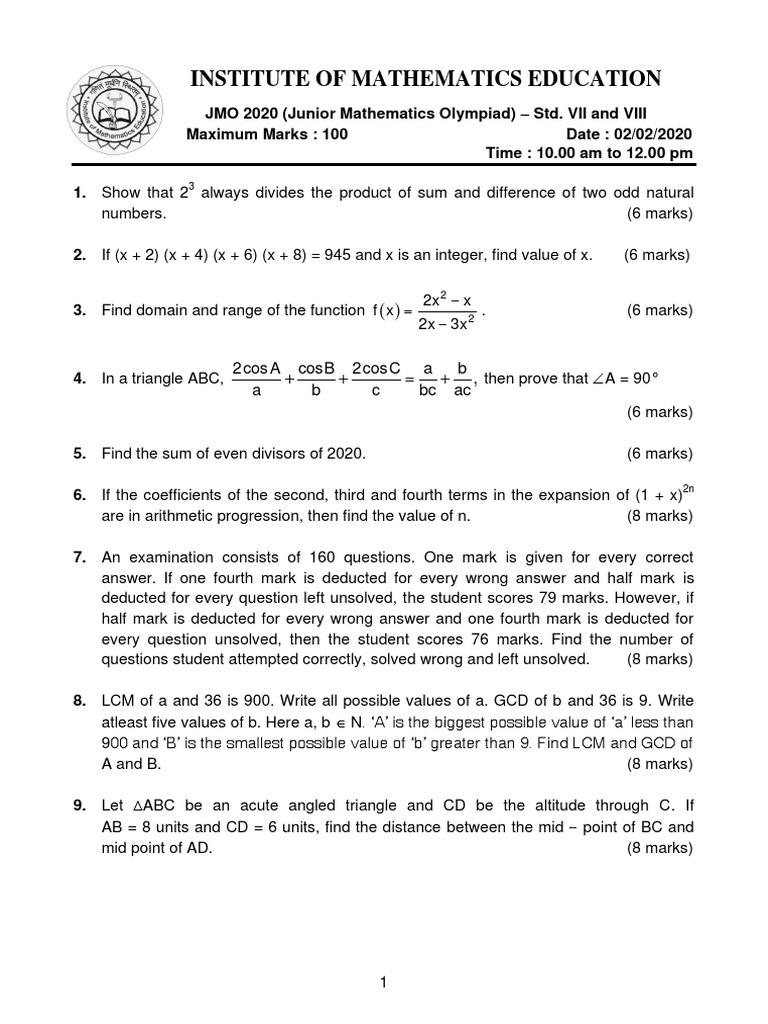 Sample Paper Jmo 7 8 | PDF | Mathematical Objects | Elementary Geometry