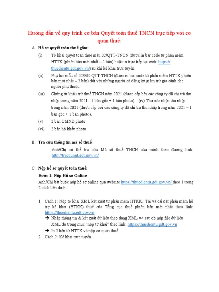 2021 - Hướng dẫn quy trình cơ bản QTT TNCN trực tiếp với cơ quan Thuế | PDF