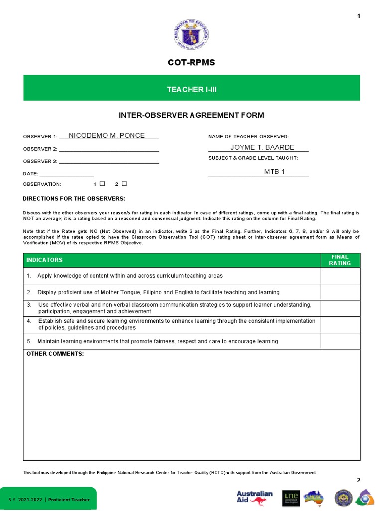 Inter Observer Agreement Form | PDF | Learning | Teachers