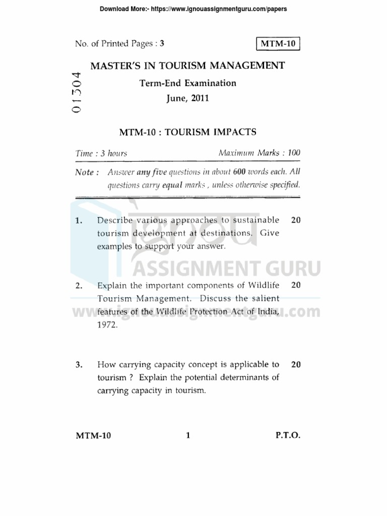 MTTM 010 Previous Year Question Papers by Ignouassignmentguru | PDF | Tourism | Sustainability
