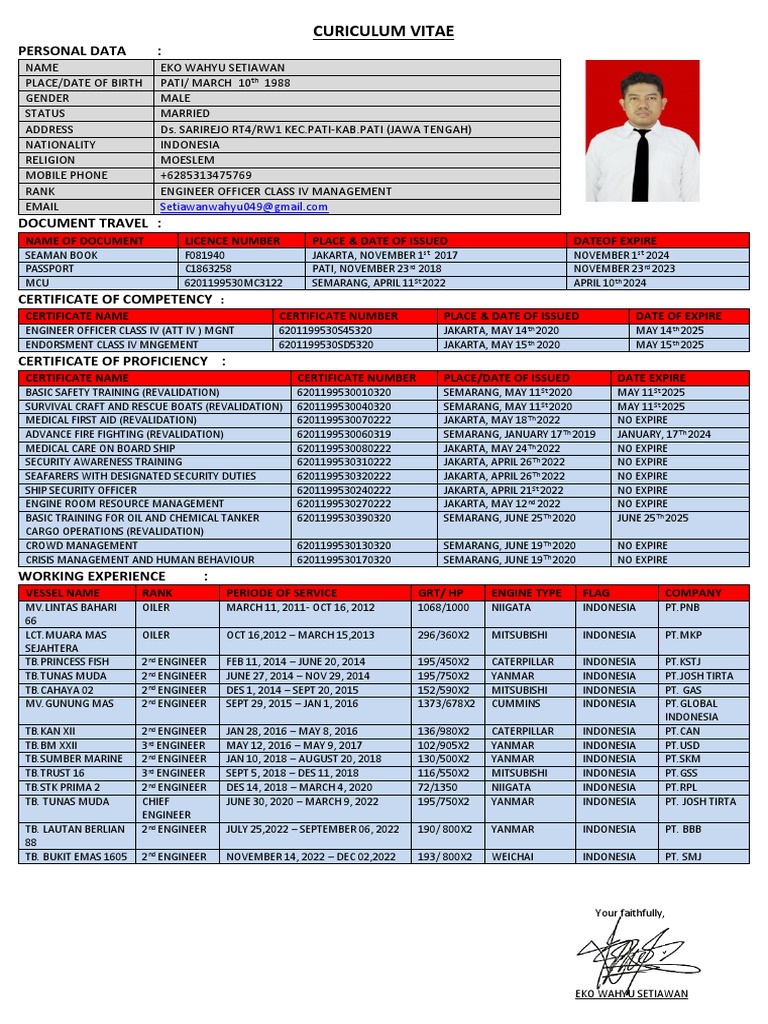 CV Eko Wahyu Setiawan Terbaru | PDF | Merchant Navy | Ship Types
