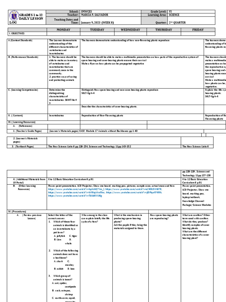 DLL - Science 6 - Q2 - W9 | PDF | Invertebrate | Reproduction