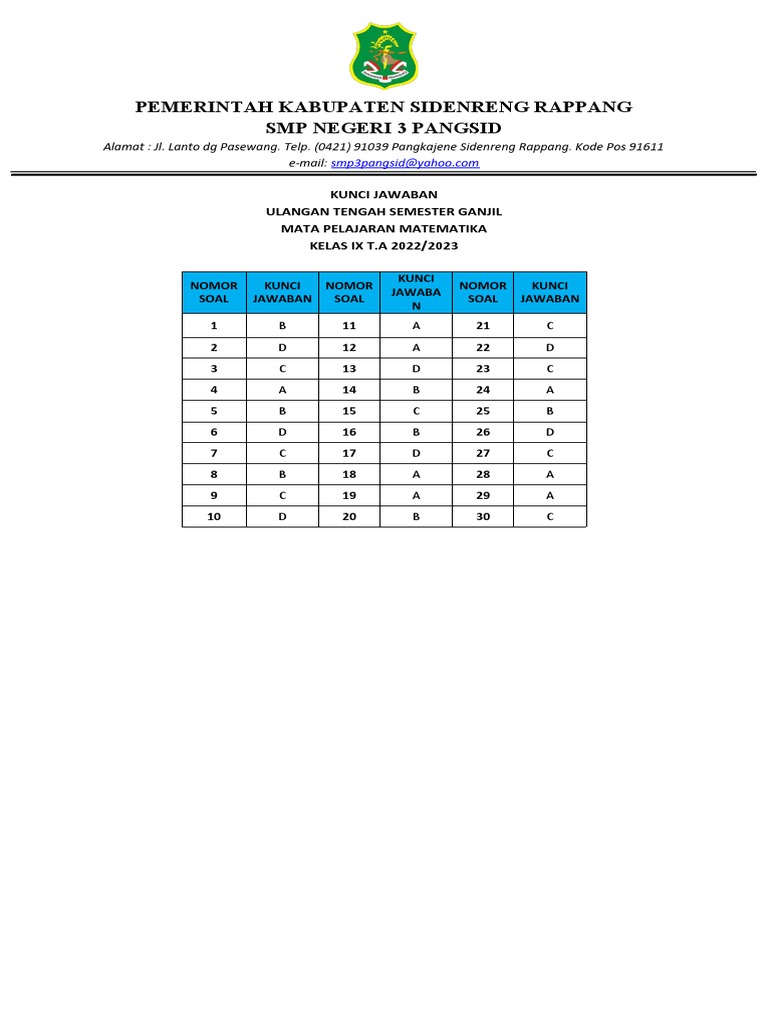 Kunci Jawaban Ulangan Semester Ganjil MTK KLS 9 | PDF