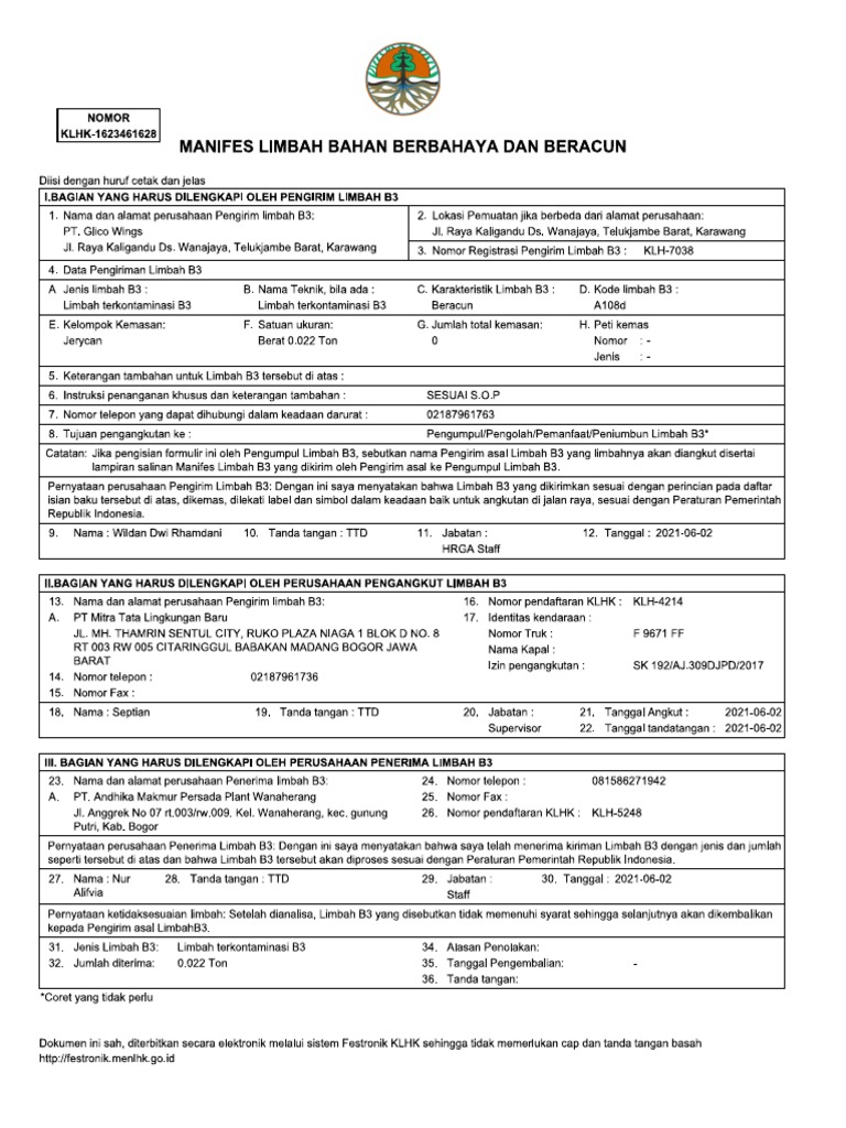 Manifes LB3 (Limbah Terkontaminasi B3) | PDF