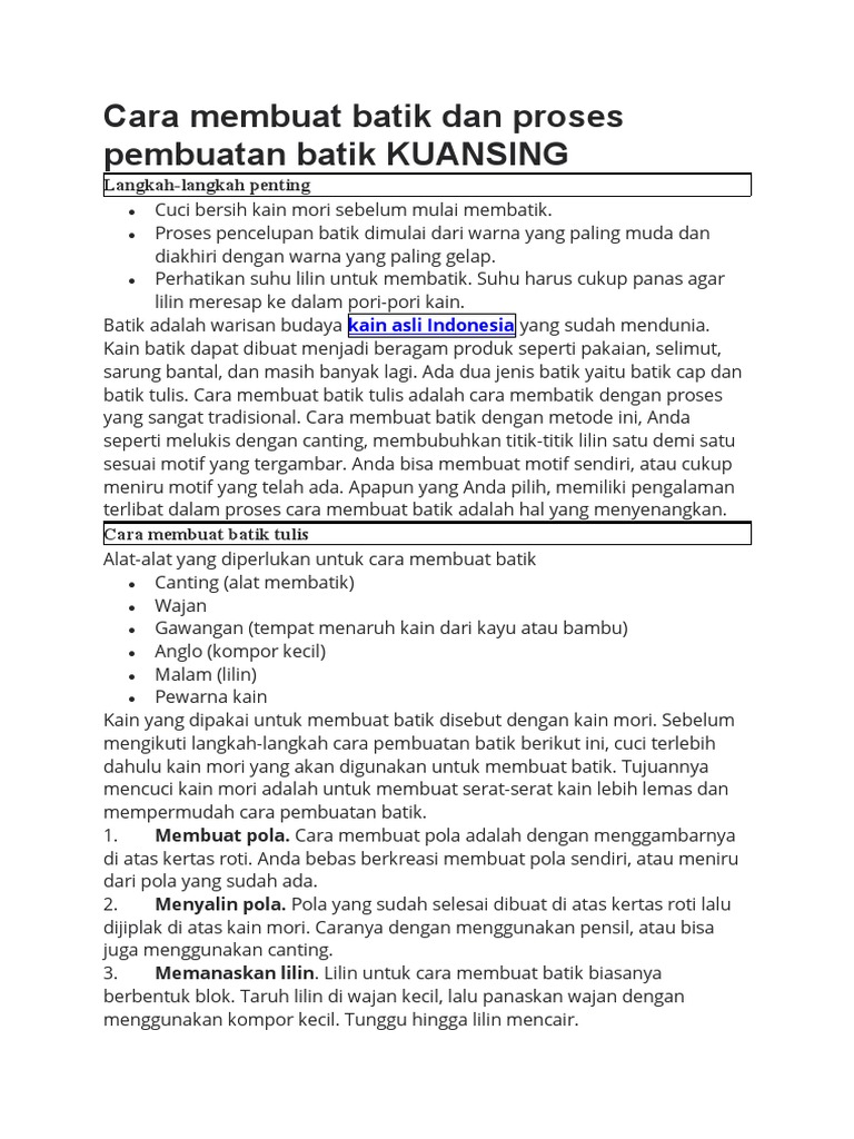 Cara Membuat Batik Dan Proses Pembuatan Batik KUANSING | PDF