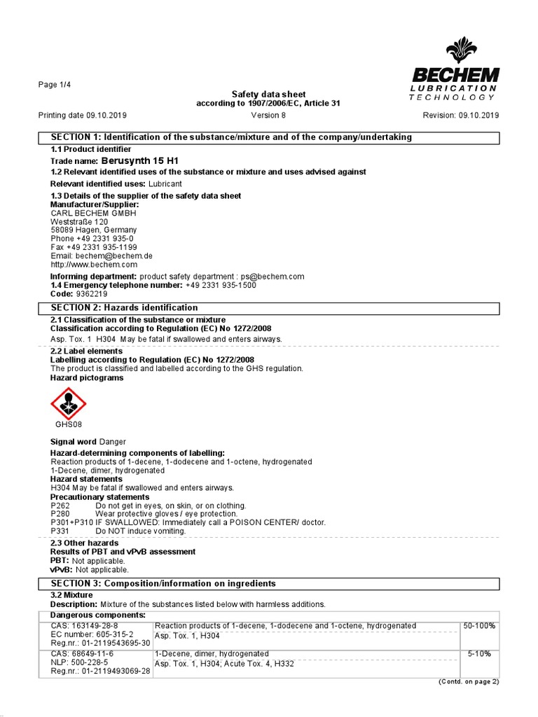 SDB 9362219 Berusynth - 15 - H1 (GB) (V8) | PDF | Materials | Physical Sciences