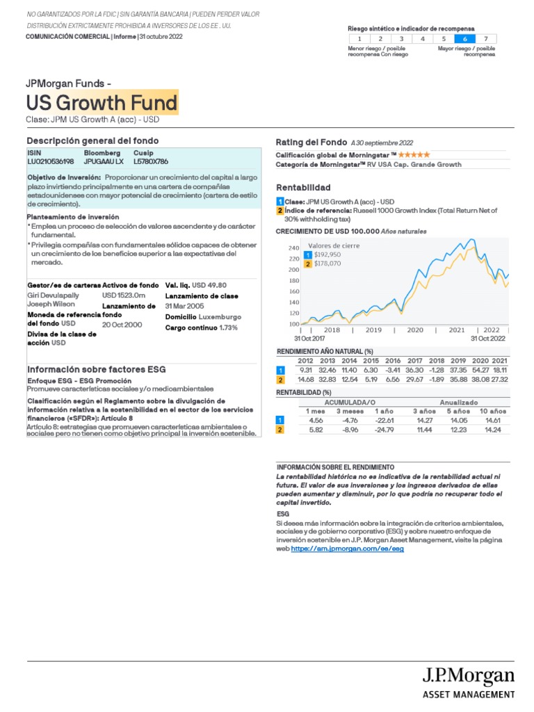 JP Morgan US Growth Fund (Ficha Tecnica) 09302022 | PDF | Bolsa de ...