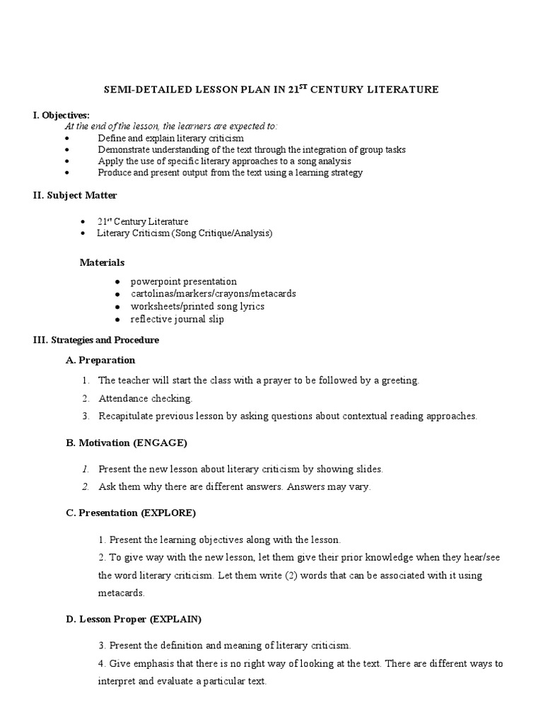 Semi LP On Literary Criticism | PDF | Literary Criticism | Lesson Plan