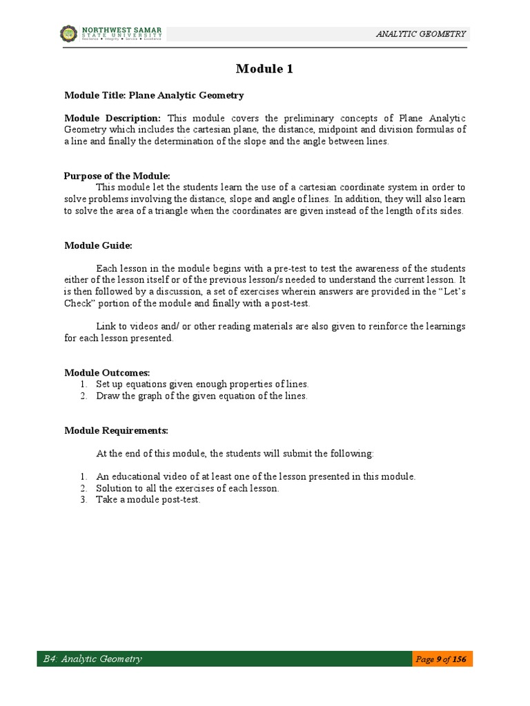 B4 Analytic Geometry Module 1 Pdf Cartesian Coordinate System Line Geometry