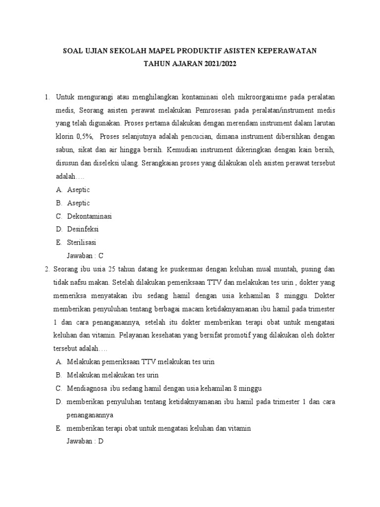 xii-SOAL UJIAN 2022 SEKOLAH MAPEL PRODUKTIF ASISTEN KEPERAWATAN | PDF