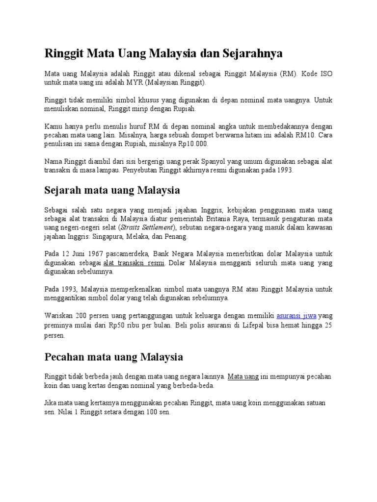 Ringgit Mata Uang Malaysia Dan Sejarahnya | PDF