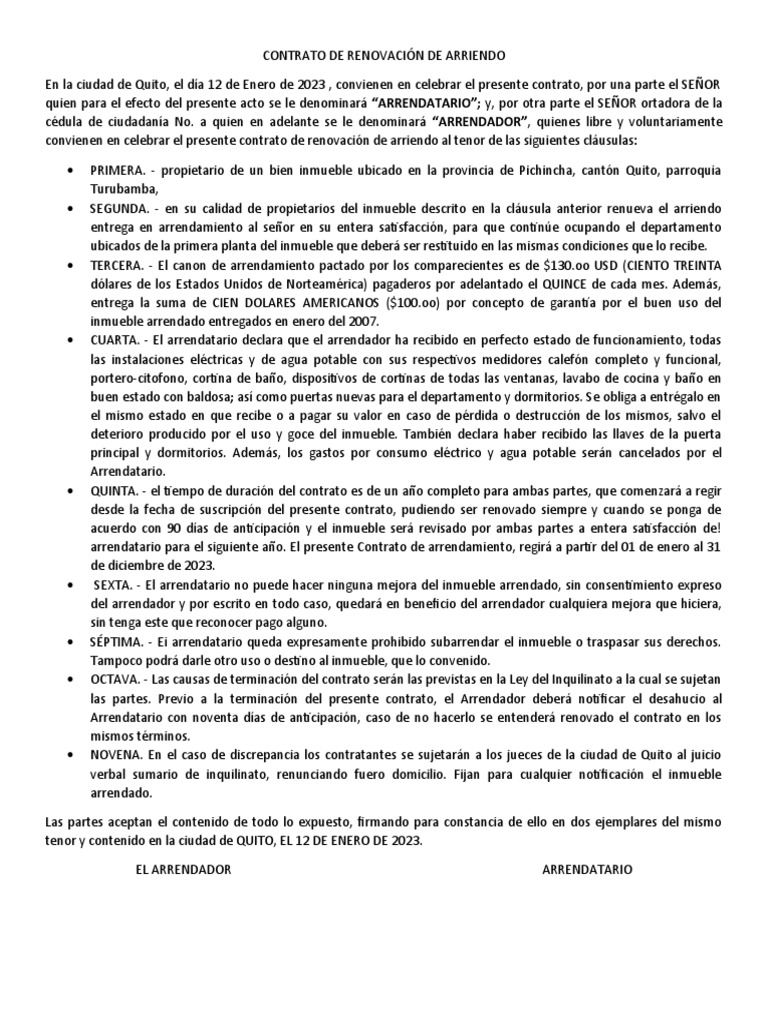 Contrato de Renovación de Arriendo | PDF