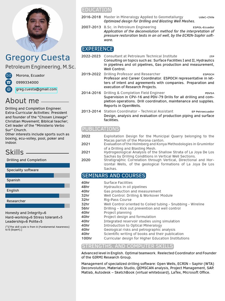 Petroleum Engineering M.Sc. - CV Gregory Cuesta | PDF | Oil Well | Physical Sciences