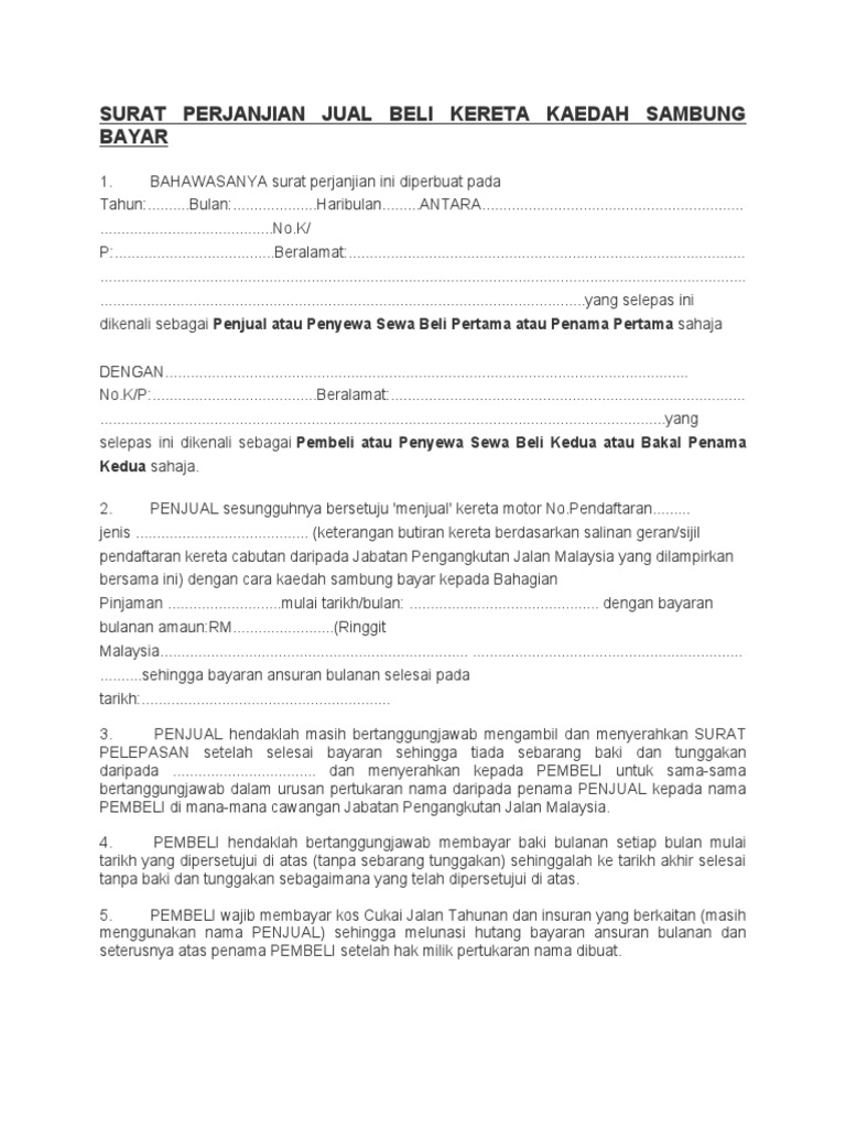 Surat Perjanjian Jual Beli Kereta Kaedah Sambung Bayar | PDF
