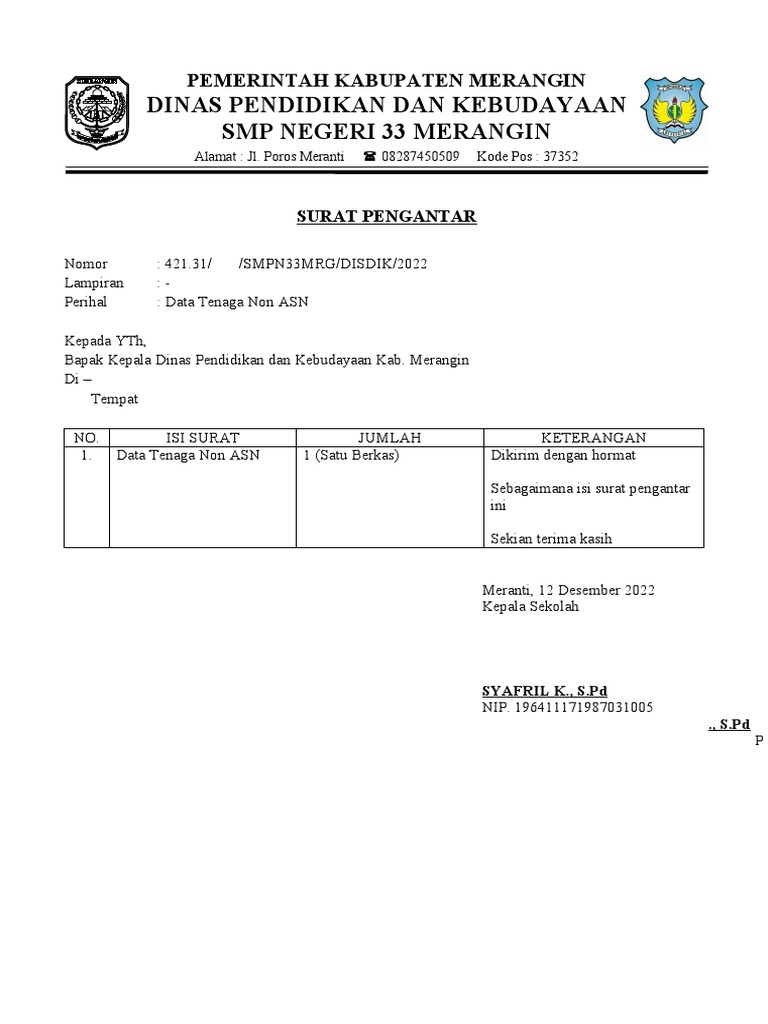 Surat Pengantar Data Tenaga Non ASN | PDF