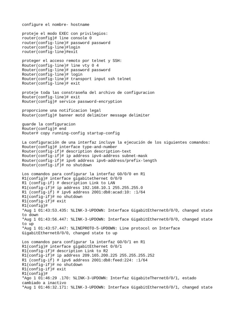 Configuración básica de un router incluyendo autenticación, interfaces, protocolos IP e IPv6, y ...