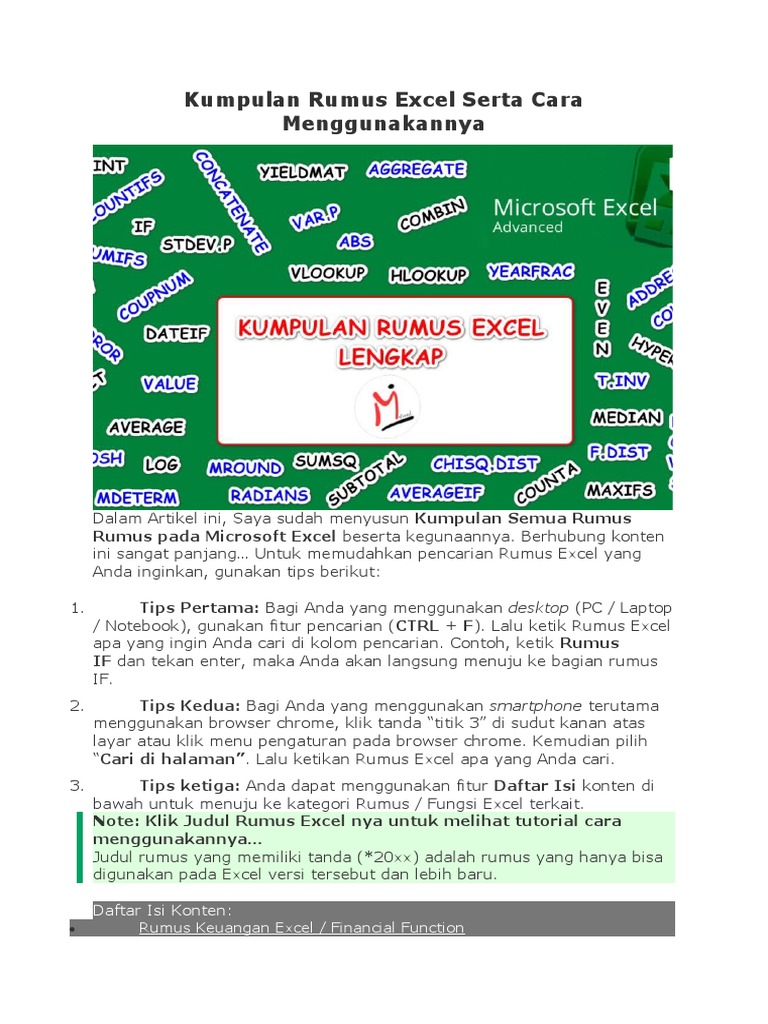 Kumpulan Rumus Excel Serta Cara Menggunakannya | PDF