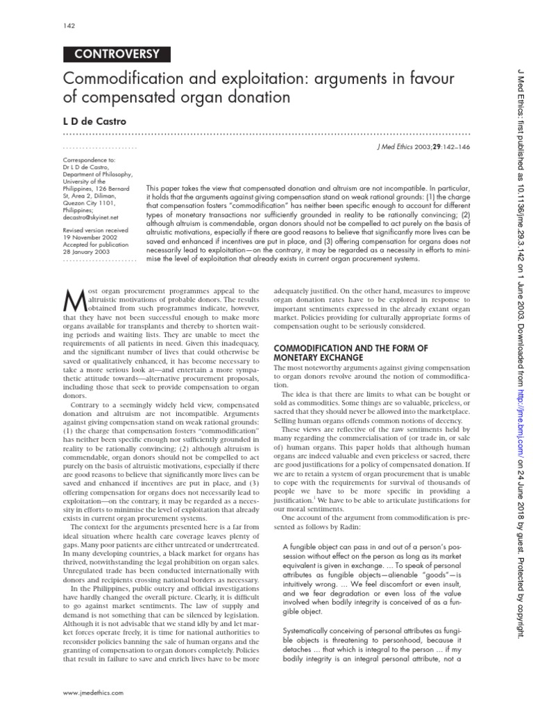 Decastro Commodification and Exploitation in Organ Transplantation ...