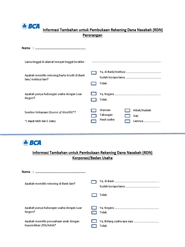 Form Informasi Tambahan RDN BCA | PDF