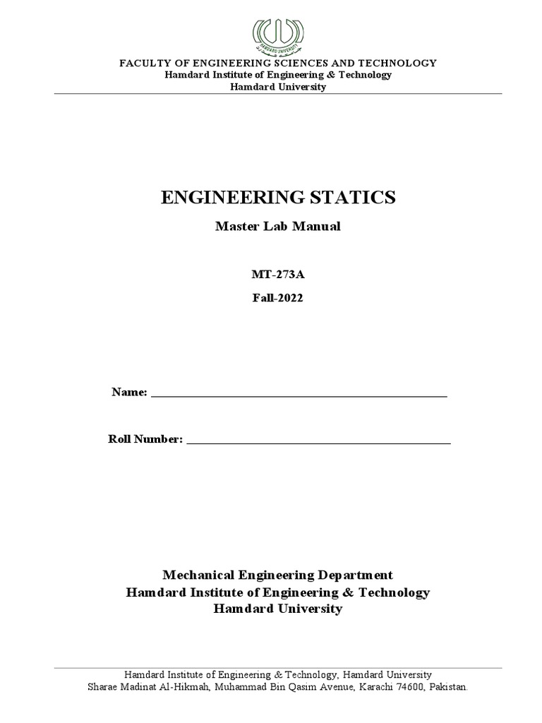 Engineering Statics Lab Manual Fall 2022 | PDF | Force | Laboratories