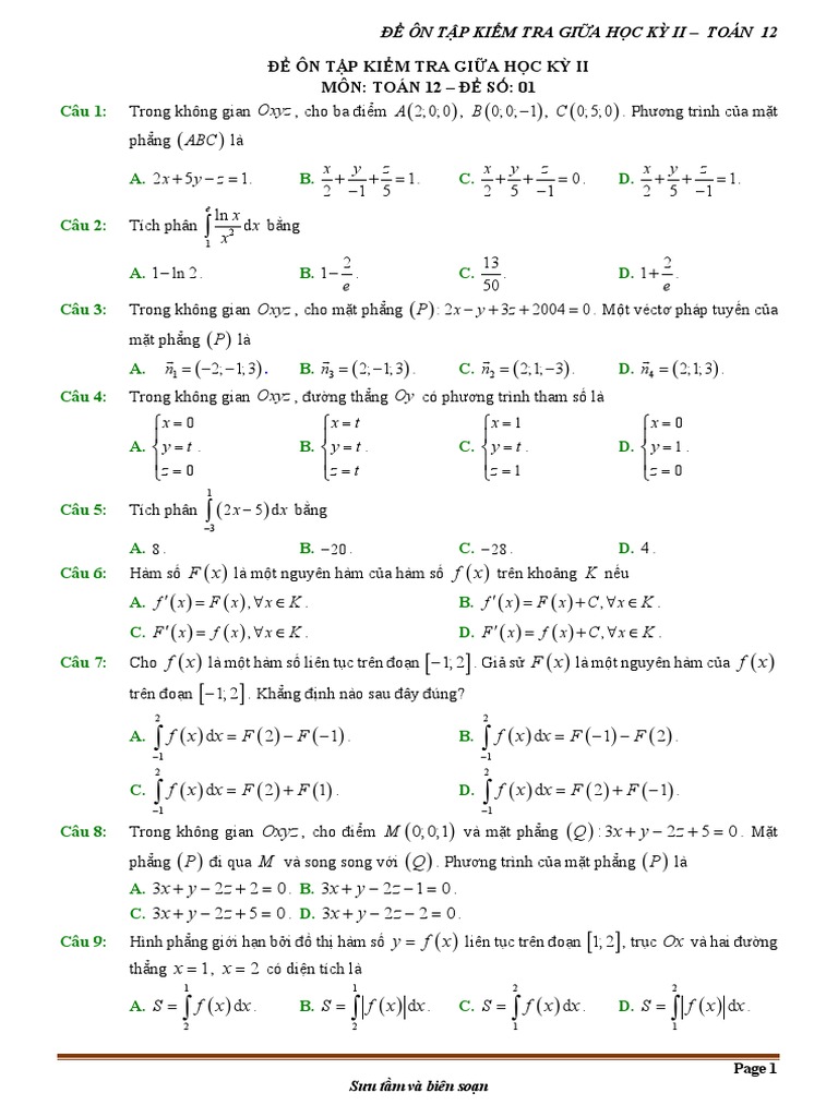 10 de On Tap Kiem Tra Giua Hoc Ki 2 Mon Toan 12 100 Trac Nghiem | PDF