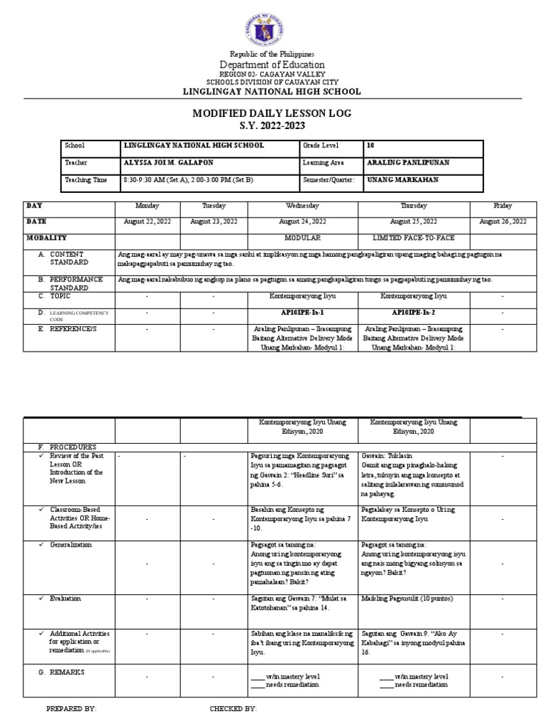 Daily Lesson Log For AP 10 | PDF