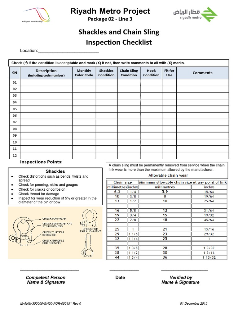 M-ANM-300000-GH00-FOR-000151 Rev 0 - Shackles and Chain Sling Inspection Checklist | PDF